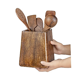 Mie Creations Rustic 7'' Large Utensil Holder Crock for Kitchen Countertop | Thanksgiving Christmas Utensils Crock, Wooden Square Spatula Organizer Caddy for Party, Cooking Counter Decor- Dark Brown
