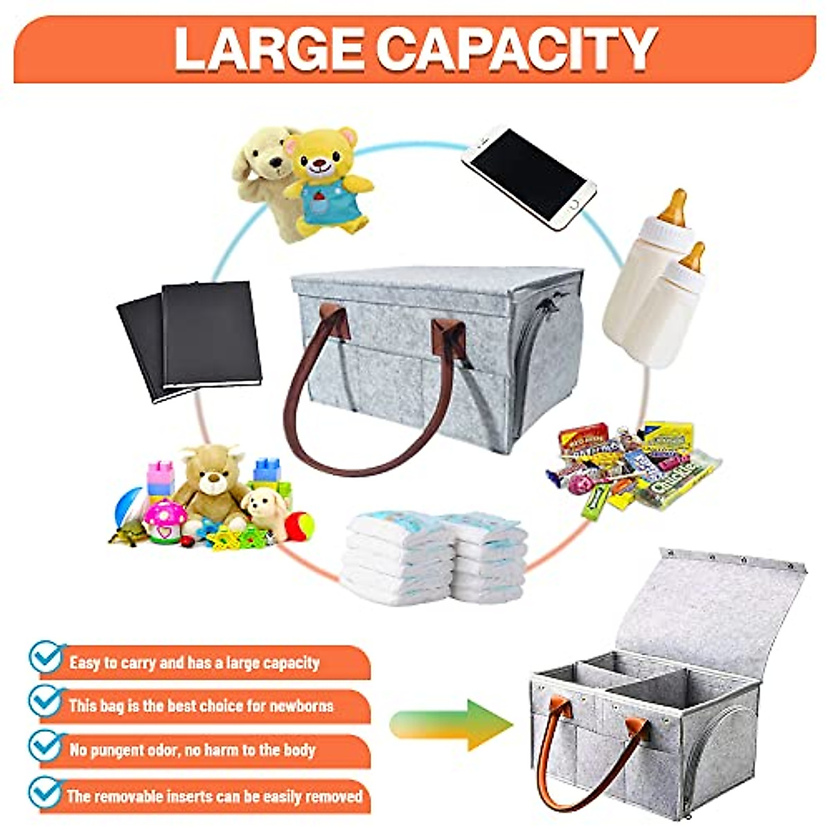 HayesLynn Baby Diaper Caddy Organizer - Baby Registry Search Tote Bag Storage Basket - Bin Car Diaper Baby Bag Portable with Lid and Removable Dividers - Changing Table Shower Caddy Bag