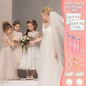 Inbagi 12 Pcs Flower Girl Set Including Flower Girl Tumbler Round Flower Sunglasses Canvas Bag Will You Be My Flower Girl Proposal Card Bracelet Hair Clip for Wedding Engagement Bridal Party(Pink)