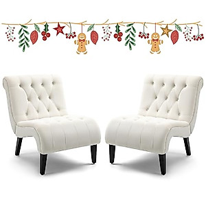 AVAWING Armless Accent Chair Set of 2, Upholstered Button Tufted Living Room Chairs with Wood Legs, Comfy Frosted Velvet Lounge Chair Reading Chair for Bedroom, Cream White