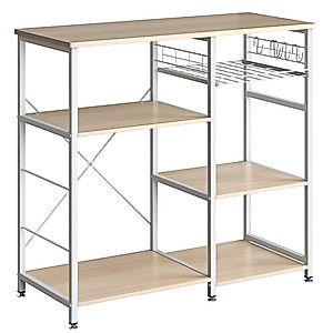Wellynap Bakers Rack, 3-Tier Microwave Stand for Kitchens with Storage, Utility Storage Shelf with 5 Hooks and Basket for Spice Rack, White Oak