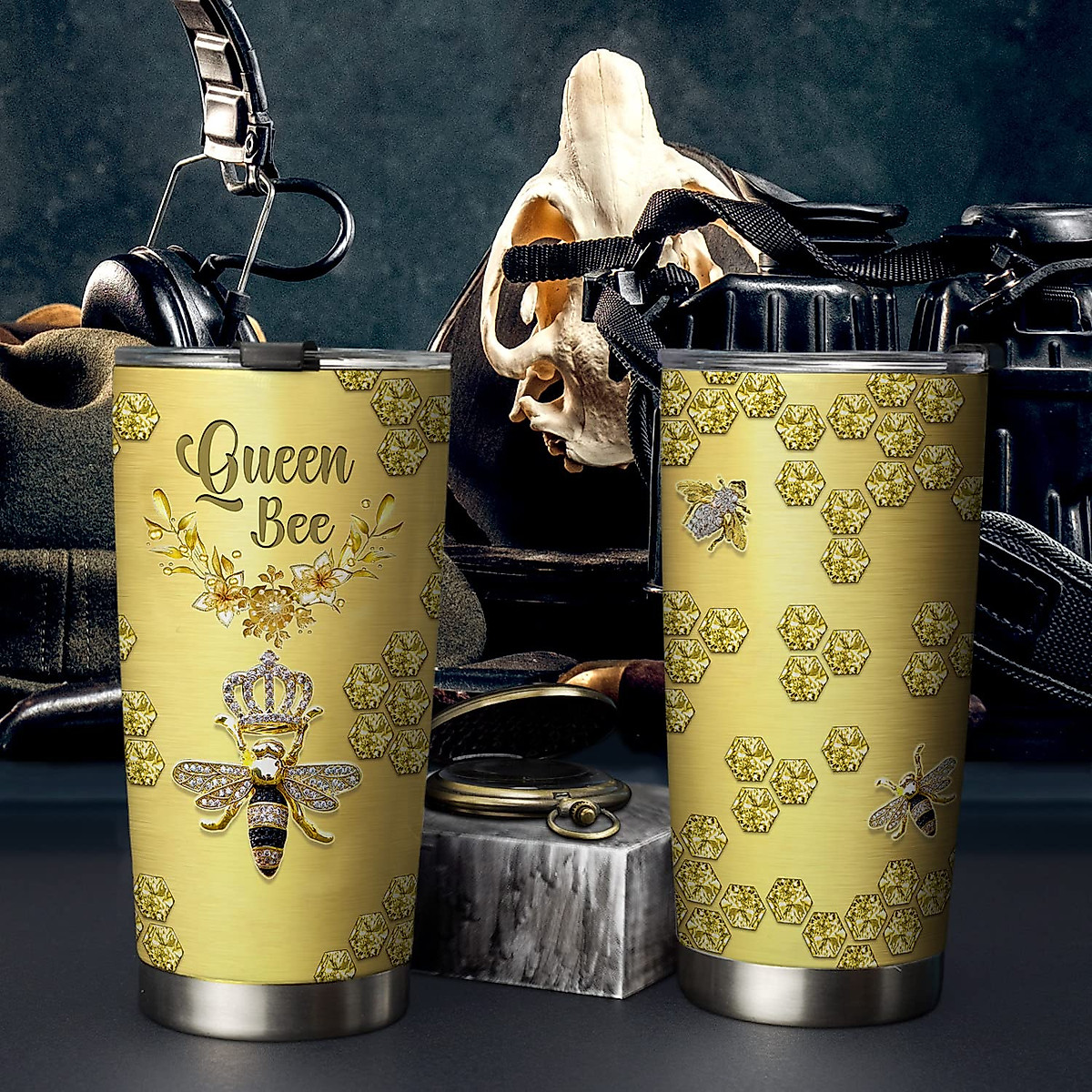 20oz Printed Jewelry Crystal Queen Bee Tumbler, Gifts for Bee Lovers, Coffee Thermos for Women, Stainless Steel Double Wall Vacuum Insulated Coffee Mug, Travel Cup with Lid