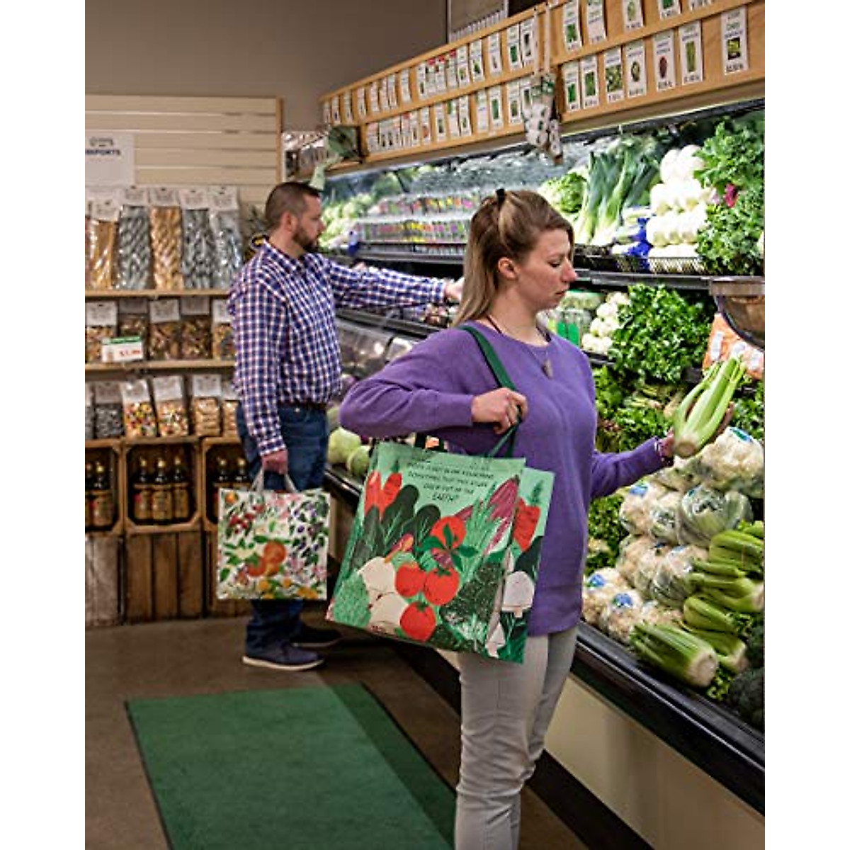 Blue Q Shopper, Orchard. Reusable grocery bag, sturdy, easy-to-clean, made from 95% recycled material, features both hand and shoulder straps, 15" h x 16" w x 6" d