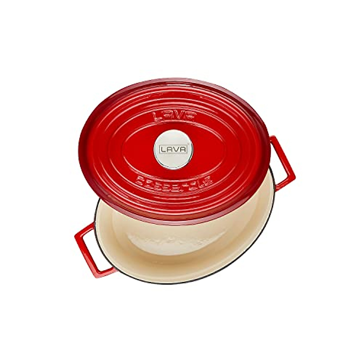 LAVA 5 Quarts Cast Iron Dutch Oven: Multipurpose Stylish Oval Shape Dutch Oven Pot with Glossy Sand-Colored Three Layers of Enamel Coated Interior with Trendy Lid (Red)