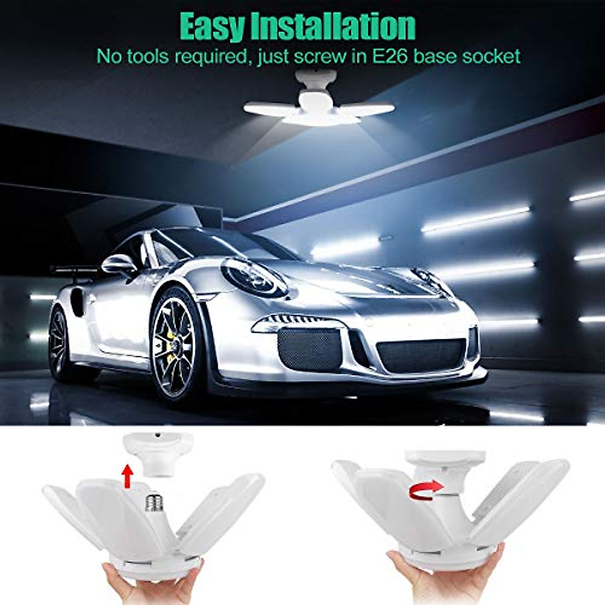 LED Garage Lights 5 Leaf 80W Deformable Garage Light 8000Lm Illuminator 360 Garage Light Bulb, 6500K Day Light Garage Ceiling Light CRI 80+ Work Light with Light Socket Extender for Garage