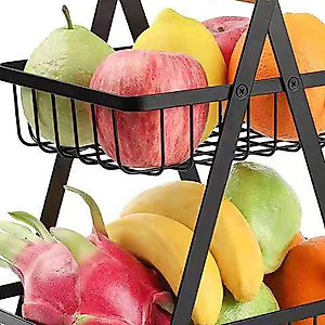 2 Tier Fruit Storage Basket Countertop for Kitchen, Rectangle Fruit Bread Wire Basket Vegetable Fruit Basket Bowl Stand Holder with Wooden Handle(Black)
