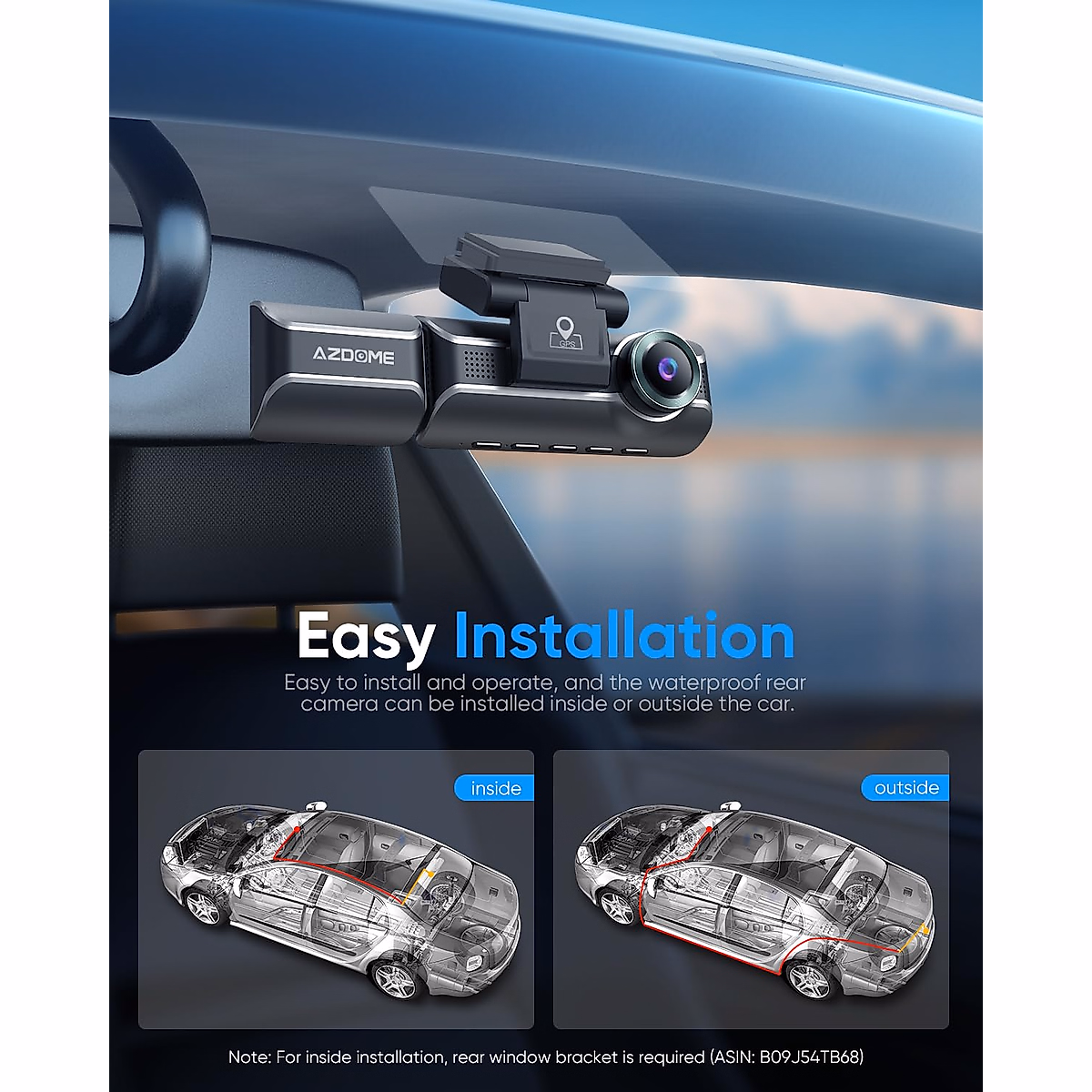 AZDOME 3 Channel 4K Dash Cam for Cars, 4K+1K Dash Cam Front and Rear, 1440P+1080P+1080P Triple Dash Cam, 3.19" IPS Screen, Built-in GPS WDR IR Night Vision, 24H Parking Mode, 64GB Card Included