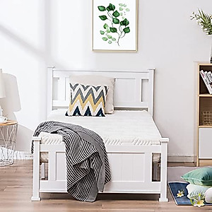 Bonnlo White Twin Bed Frame with Headboard,Modern Wood Bed Single Bed for Adults, No Box Spring Needed Panel Bed, Wood Slat Support Mattress Foundation