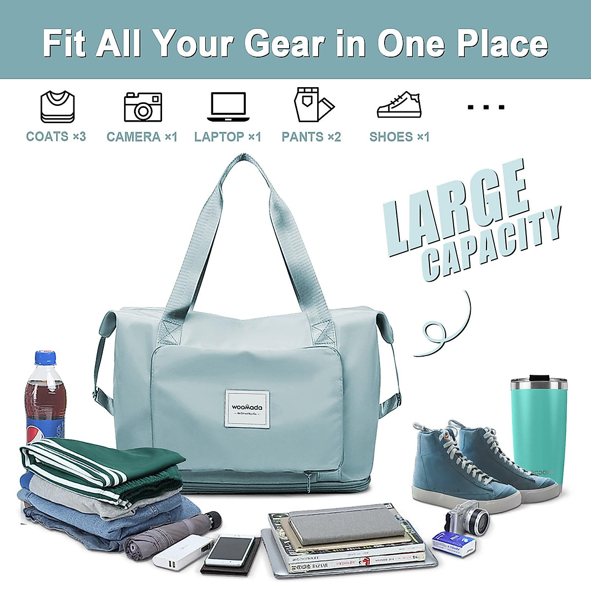 WOOMADA Foldable Travel Duffel Bag, Weekender Bags for Women, Tote Bag with Expandable Space, Carry on bags for airplanes with Wet Pocket & Trolley Sleeve, Gym Bag for Women, Lightweight (aquamarine)