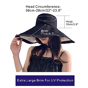 Packable Large Brim Sun Hat for Women - 6.7" Wide-Brim UV-Protection Women's-Sun-Beach-Hats with Strap Black