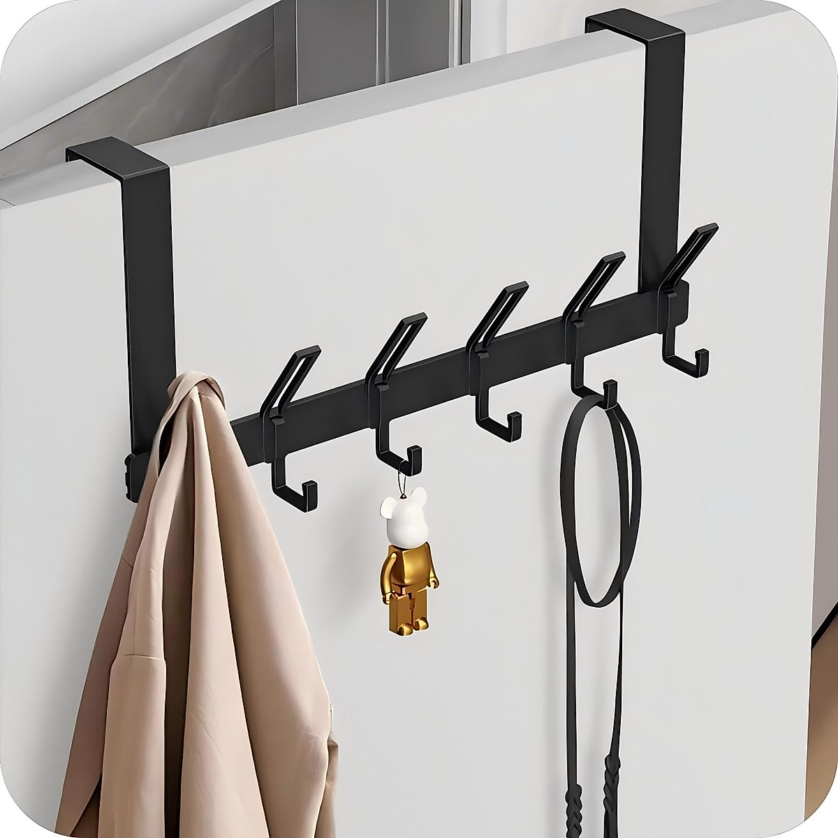 BWVWEU Behind Door Hooks,Door Back Hooks with Six Double Hooks for Living Room, Bathroom, Bedroom, Kitchen Hanging Clothes, Towels, Hats (Black 2 Pack)