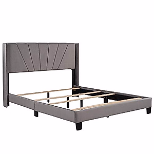 HBRR Queen Size Bed Frame with Velvet Upholstered Headboard, Low Profile Platform Bed with Wood Slats, Fully Upholstered Mattress Foundation, Noise-Free, Easy Assembly, Gray