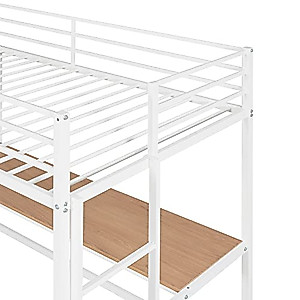 Metal Loft Bed Frame, Twin Size Loft Bed with Desk and Storage Shelves, Metal Bed Frame with Safe Guardrail & Ladder for Kids Teens Adults, Space Saving Loft Bed, No Box Spring Needed (White)