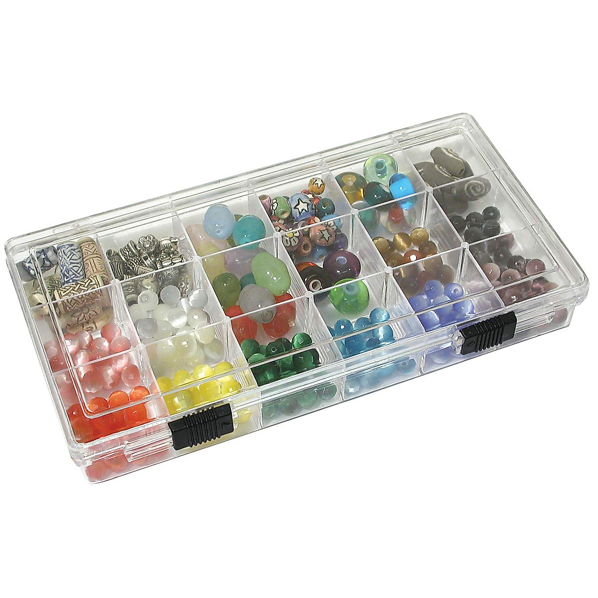 The Beadsmith Organizer Box with 18 Compartments, 8.25 x 4.25 x 1.25 inches, Clear Organizer Storage Case, for Sequins, Nails, Jewelry Making Supplies and More