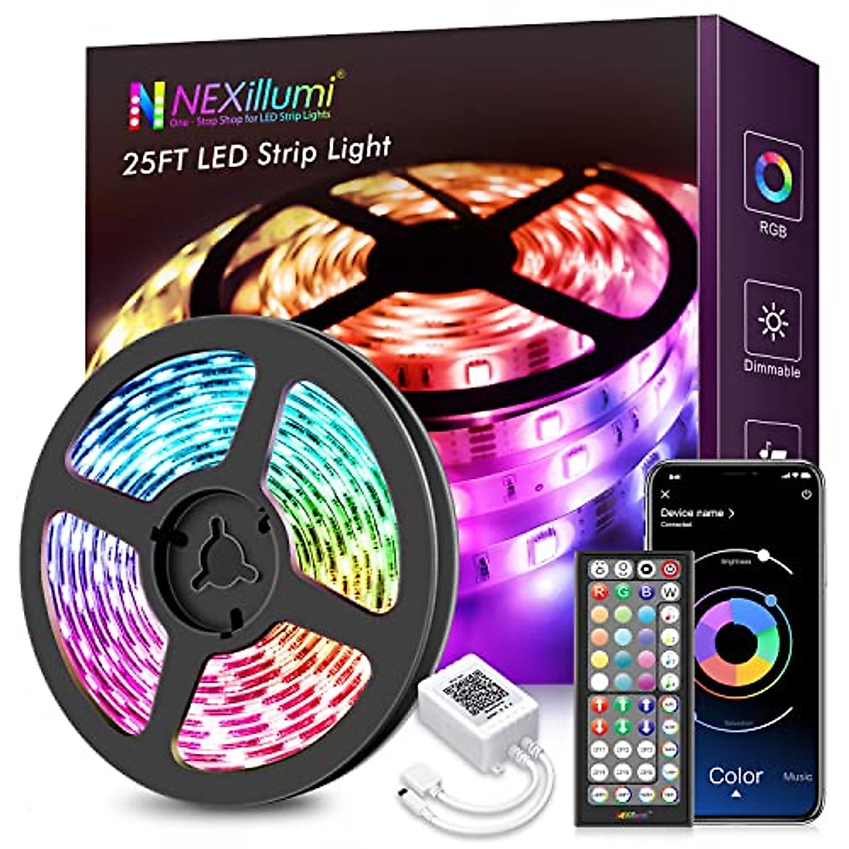 NEXillumi 25ft LED Strip Lights, APP Control Music Sync Color Changing LED Light Strip, SMD 5050 RGB LED Tape Lights with IR Remote (APP+Remote+Mic+3-Button Switch).