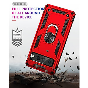Dzxouui for Pixel 7 Pro Case with Tempered Glass Screen Protector, [Military Grade Shockproof] Cover Full Body Protection Hard Phone Cases with Magnetic Kickstand for Google Pixel 7 Pro - Red
