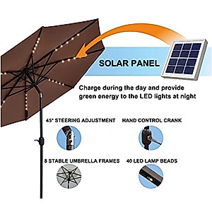 ZJDU 9 Ft Solar LED Patio Umbrella, Garden Sun Shade Umbrella, 40 LED Lights, with Tilt and Crank Mechanism, for Outdoor Garden Balcony Patio Backyard Market, Without Base,Brown