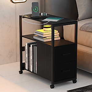 Rietolax Narrow Side Table with Charging Station, End Table with Led Light, Black Nightstand with 2 Drawers, 3-Tier Storage, Wheels and USB Ports & Outlets for Bedroom