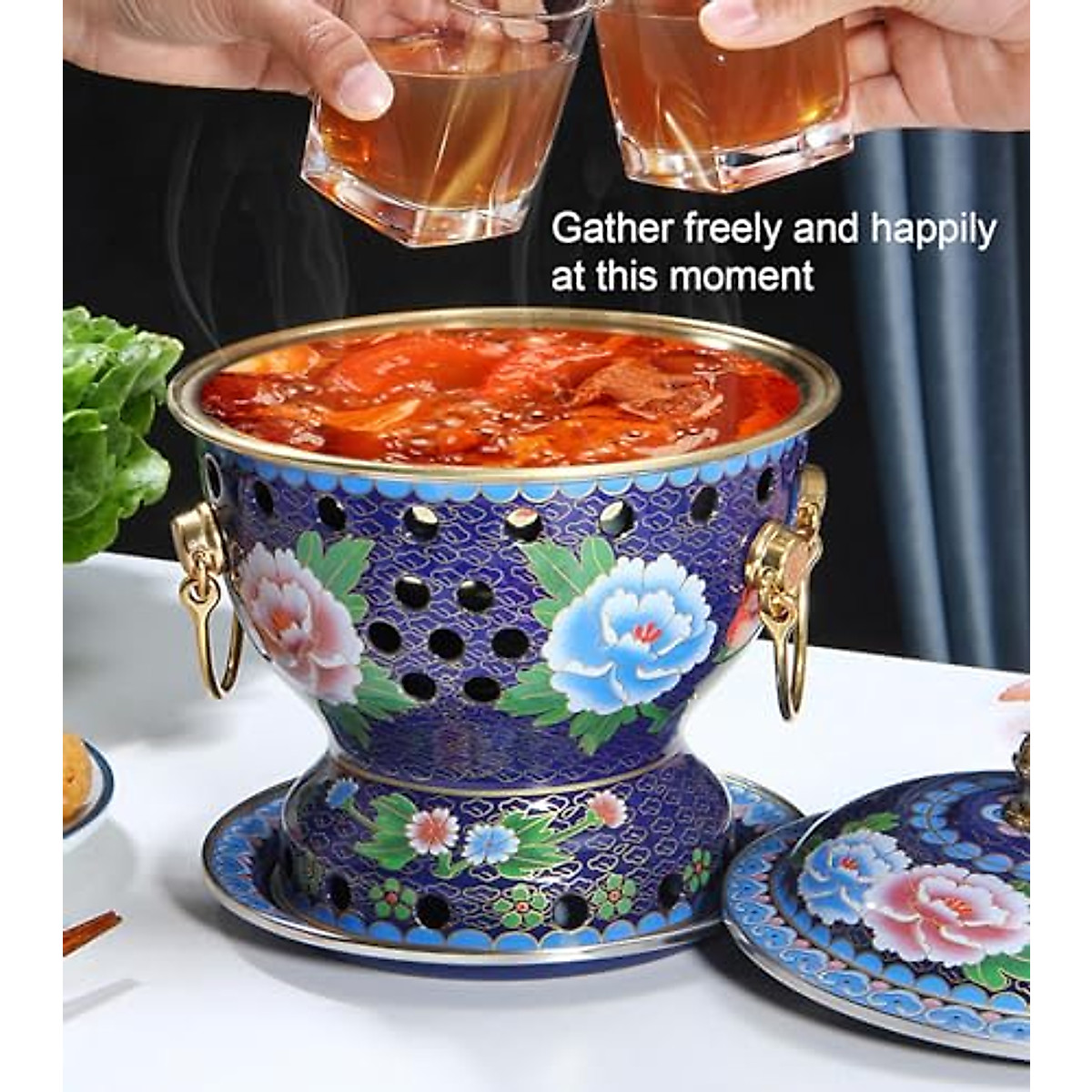 VIDECOR Chafing Dishes Single Person Small Copper Pot Old Beijing Small Fat Cow Hot Pot Chinese Traditional Cloisonne Hot Pot Commercial Alcohol Shares Red Copper Hot Pot,F