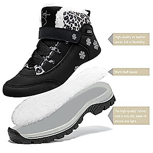 ASHION Women's Snow Boots Waterproof Snowboots Non Slip Durable Warm Winter Booties Hook and Loop Outdoor Shoes Leopard Black Size 10