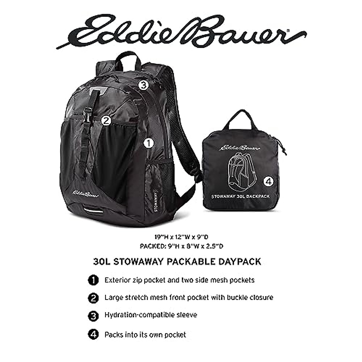 Eddie Bauer Stowaway Packable Backpack-Made from Ripstop Polyester, Maroon, 30L