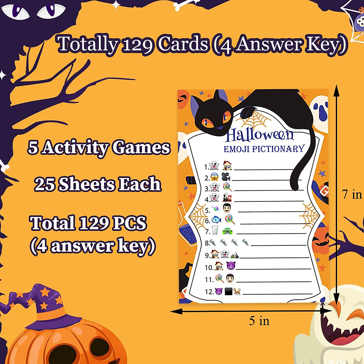 Ayhuhra Halloween Party Games 129pcs Halloween Card Games for Adults/Teens Emoji Word Scramble Word Search Candy Trivia Card Games for Halloween Birthday Party Activity Classroom Ice Breaker