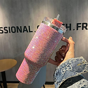 MYHOBBY Shiny Rhinestone 40 Oz Tumbler with Handle,Stainless Steel Insulated Travel Coffee Mug Double Wall Leak Resistant Vacuum Tumbler with Straw,Pink