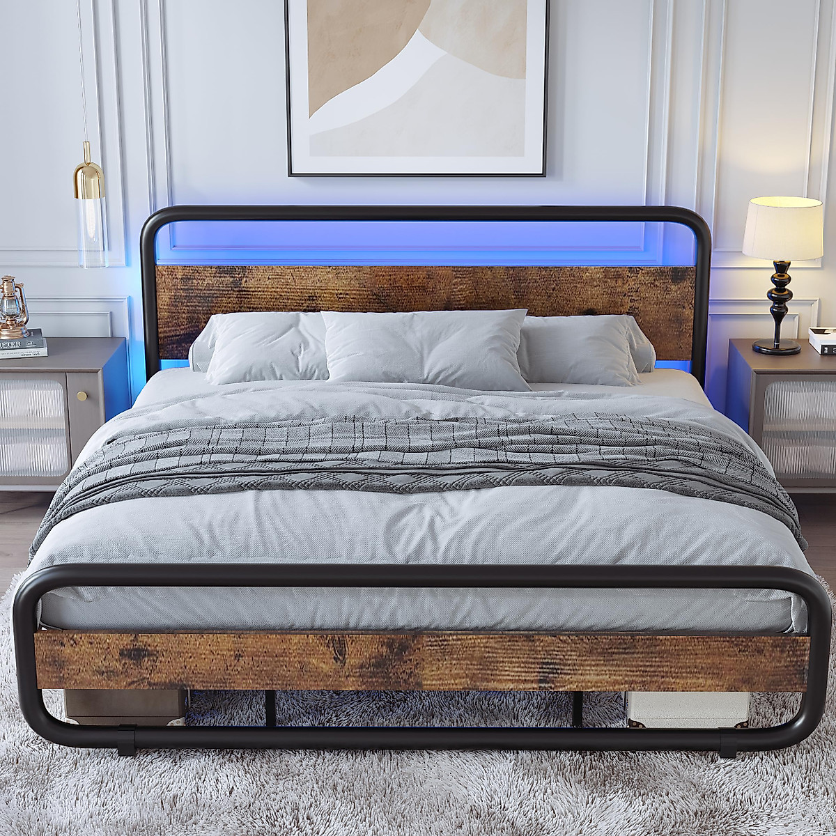 Fastroby King Size Bed Frames with Headboard LED Light, Platform Bed Frame King with 10" Under Bed Storage, Heavy Duty Bed Frame No Box Spring Needed, Easy Assembly, Rustic Brown and Black