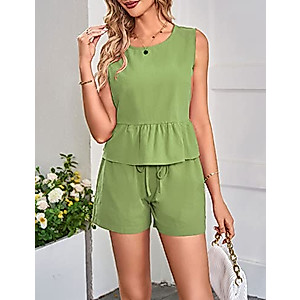 Bozanly Women's Summer 2 Piece Outfits Sleeveless Ruffle Crop Tank Top High Waist Wide Leg Shorts Sets(0680-Green-XL)