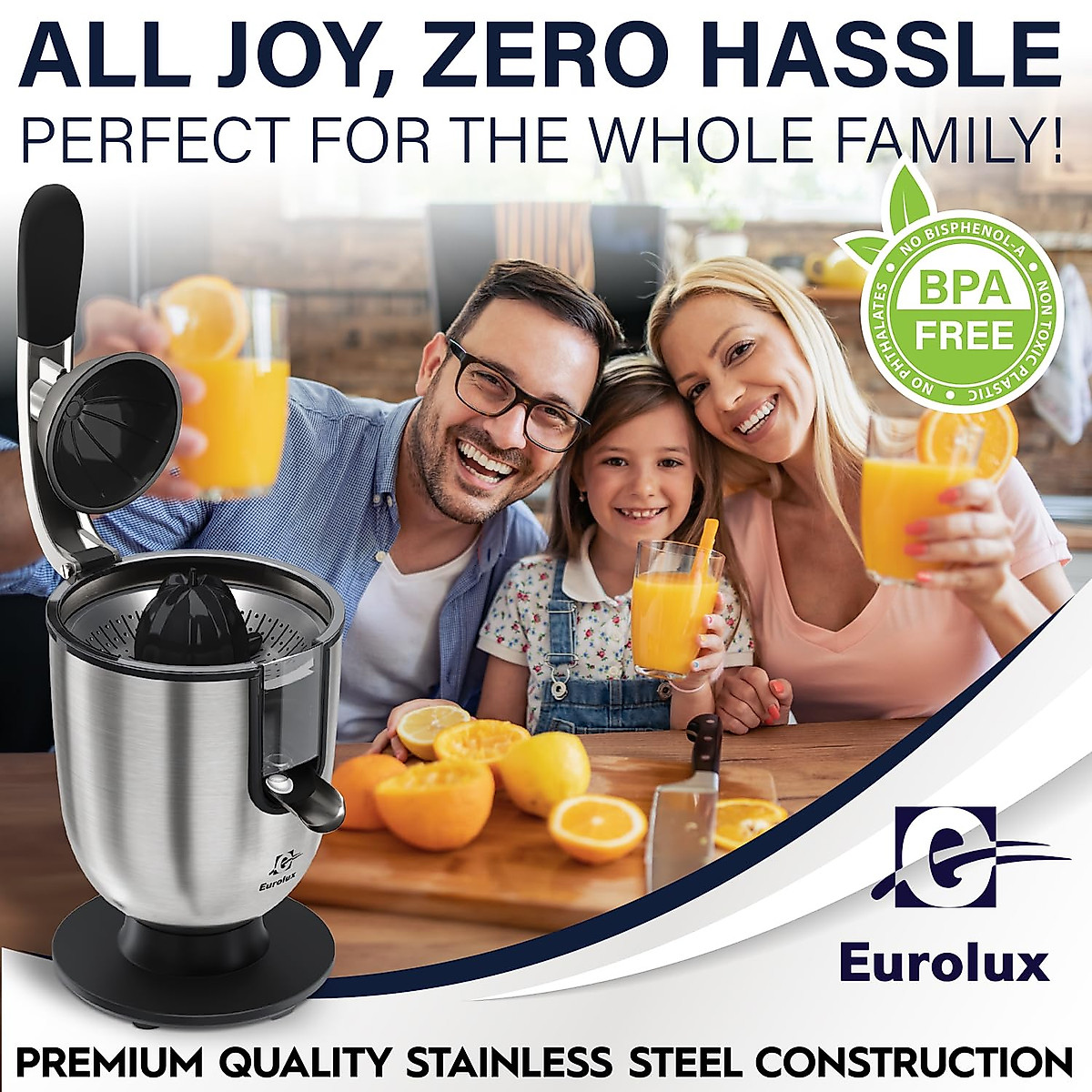 Eurolux Electric Citrus Juicer Squeezer, for Orange, Lemon, Grapefruit, Stainless Steel 160 Watts of Power Soft Grip Handle and Cone Lid for Easy Use (ELCJ-1700S)