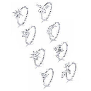 Tornito 8Pcs Nose Ring Hoop Paved Flower Butterfly Star Triangle Moon CZ Cartilage Earrings Nose Piercing Jewelry for Women Men Silver Rose Gold Tone 20G