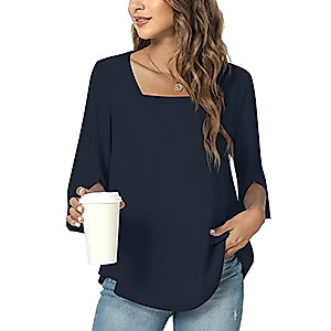 TAOHUADAO Womens 2025 Summer Casual Square Neck Loose Tunic Top for Leggings 3/4 Sleeve Chiffon Blouse Shirt Tops Large, Navy Blue