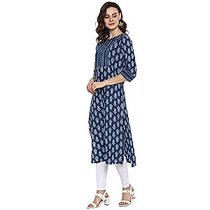 Janasya Women's Blue Printed Cotton Kurta