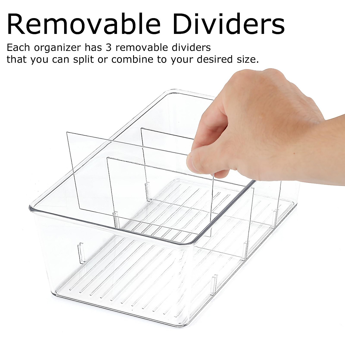 Tesdluy 4 Pack Refrigerator Organizer Storage Bins,3 Removable Dividers Clear Food Grade Plastic Stackable, Easy Pantry Organization for Kitchen, Cabinet, Fridge ﻿