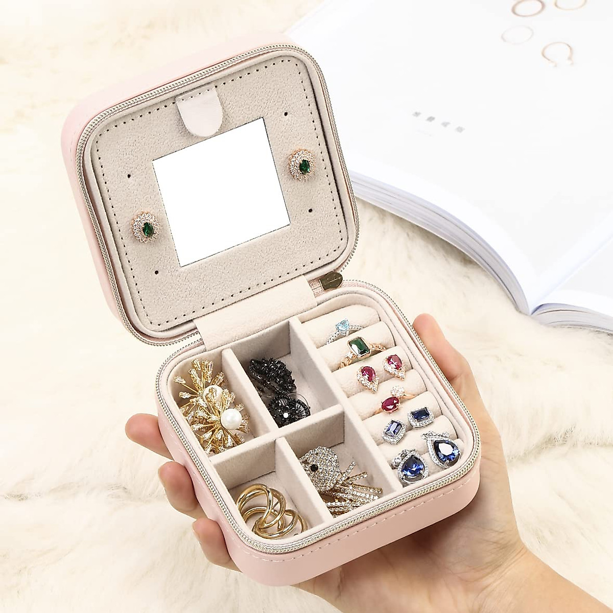 TRODANCE Jewelry Travel Case with Mirror,Small Travel Jewelry Organizer, Portable Jewelry Box Travel Mini Storage Organizer Portable Display Storage Box For Rings Earrings Necklaces (Pink)