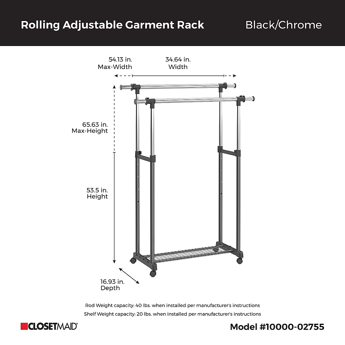 ClosetMaid Double Rail Portable Rolling Garment Rack with Shoe Shelf, Adjustable Rod Width and Height, Black/Chrome