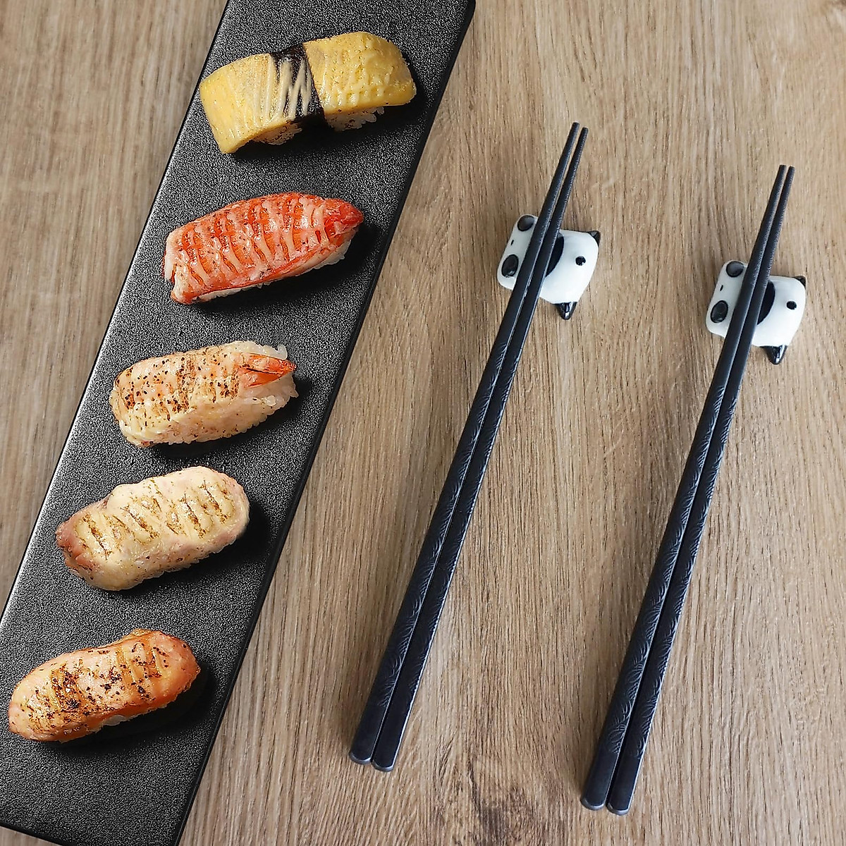 Chopsticks Reusable Fiberglass Chopsticks with Holder Chinese Japanese Gift Set Chopsticks Set Dishwasher Safe Alloy Chopsticks + Ceramic Cute Panda Chopstick Rest (2 Pairs - Panda)