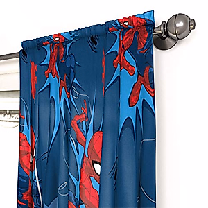Jay Franco Kids Window Drapes - 4 Piece Curtain Set Includes 2 Tiebacks, Beautiful Bedding Room Décor and Easy Set Up, Blue - Spiderman, 63 Inch
