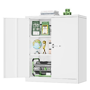Greenvelly Metal Storage Cabinet, 42” Steel Locking Cabinet with Doors and Shelves,White Utility Cabinet Garage Cabinets, Lockable File Cabinet for Home Office, Garage, Kitchen, Shop