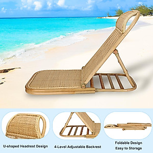 Sienson Beach Chair Folding Portable, 4-Level Adjustable Chaise Lounge, Rattan Beach Chair, Floor Wood Chair,Pool Lounger Recliner, Portable Wicker Beach for Pool Home Yoga Meditate Office Relaxation
