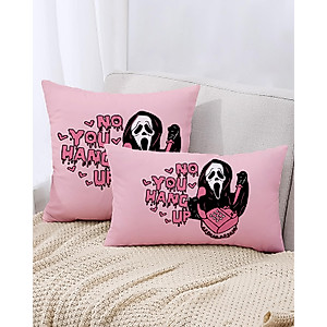 PreLiving 18x18 Inch Pink Throw Pillow Cover - 'No You Hang Up' Funny Horror Ghost Design, Romantic Halloween Day Decor, Soft Pillowcase for Sofa, Bedroom, Car, Birthday Party Supplies