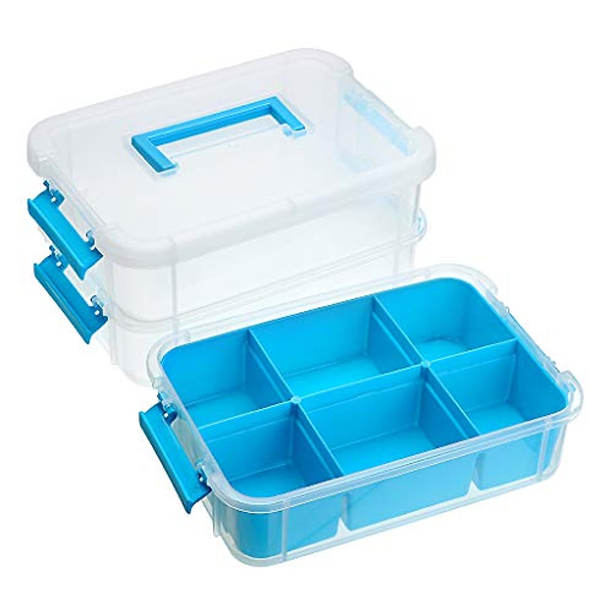 JUXYES 3-Tiers Stack Carry Storage Box With Divided Tray, Transparent Stackable Storage Bin With Handle Lid Latching Storage Container for School & Office Supplies (Blue)