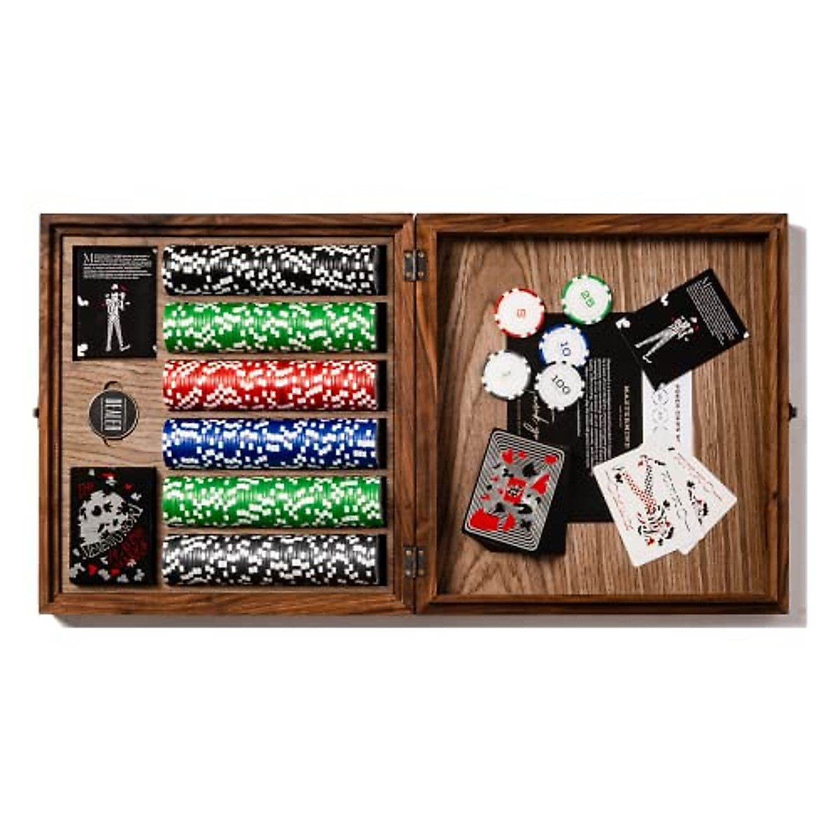 Bowtie Wooden Poker Set with Playing Card Gift, Professional 300 Weighted Poker Chips with Walnut Wood Case, Unique Poker Gift for Texas Hold'em, Blackjack, Casino Gambling, Memento Mori