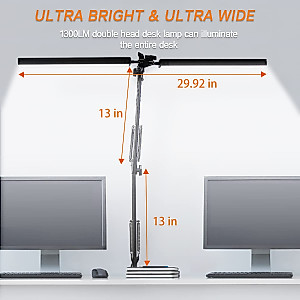 Hitish LED Desk Lamp, 24W Super Bright Architect Desk Lamp with 3 Color Modes & 10 Brightness Levels for Home & Office, Eye Protection Swing Arm Desk Lamp with Base & Clamp for Study, Work, Monitor