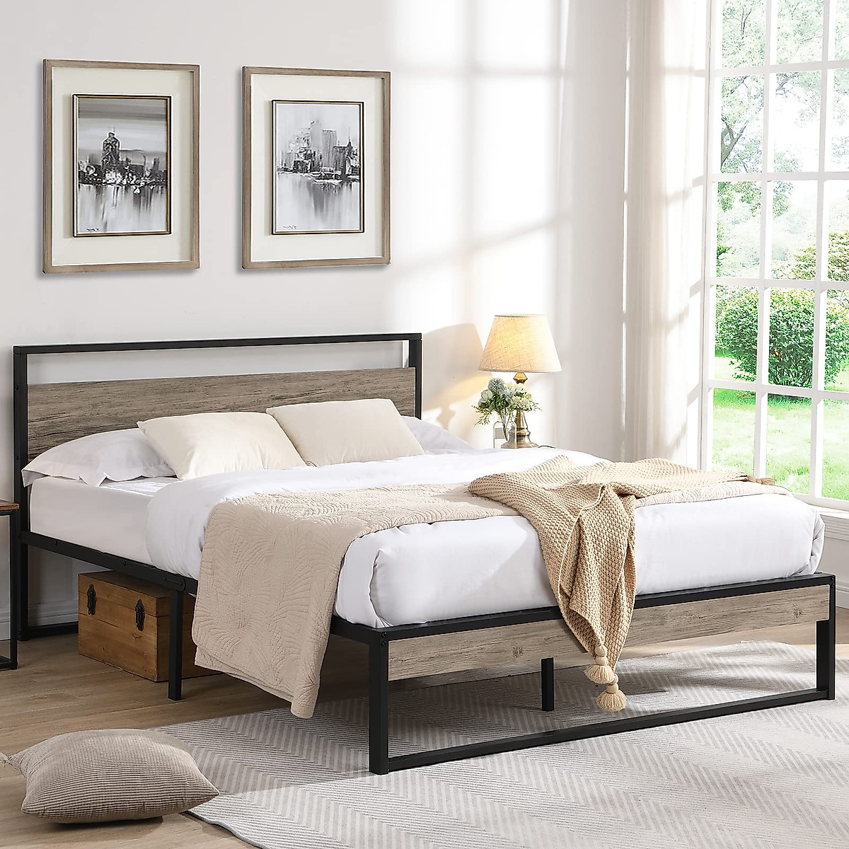 Zevemomo Queen Size Bed Frame, Queen Platform Bed Frame with Metal Slats and Wood Headboard & Footboard/Sturdy & Stable/No Box Spring Needed