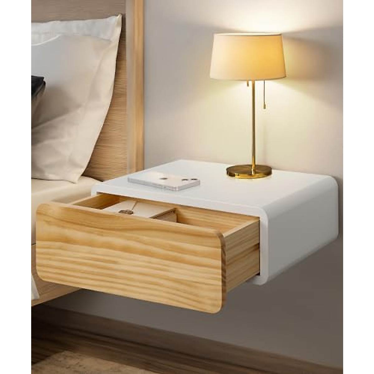 SUMGAR Floating Nightstand White with Drawers Modern Bedside Table Organiser Fully Assembled Shelf Small Spaces Wall Mounted Storage Wood Furniture for Bedroom Home Decor