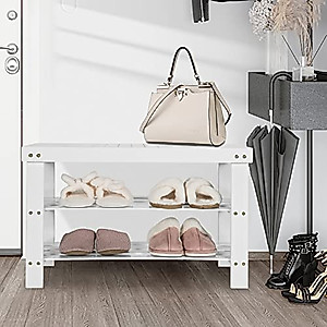 COSTWAY Bamboo Shoe Rack Bench 3-Tier Free Standing Wood Shoe Storage Organizer Shelf Holder Home Entryway Hallway Furniture Eco-Friendly (White)
