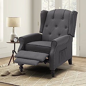 B BAIJIAWEI Tufted Wingback Recliner - Massage & Heat Function - Fabric Push Back Recliner with Remote Control, Adjustable Backrest (Grey)