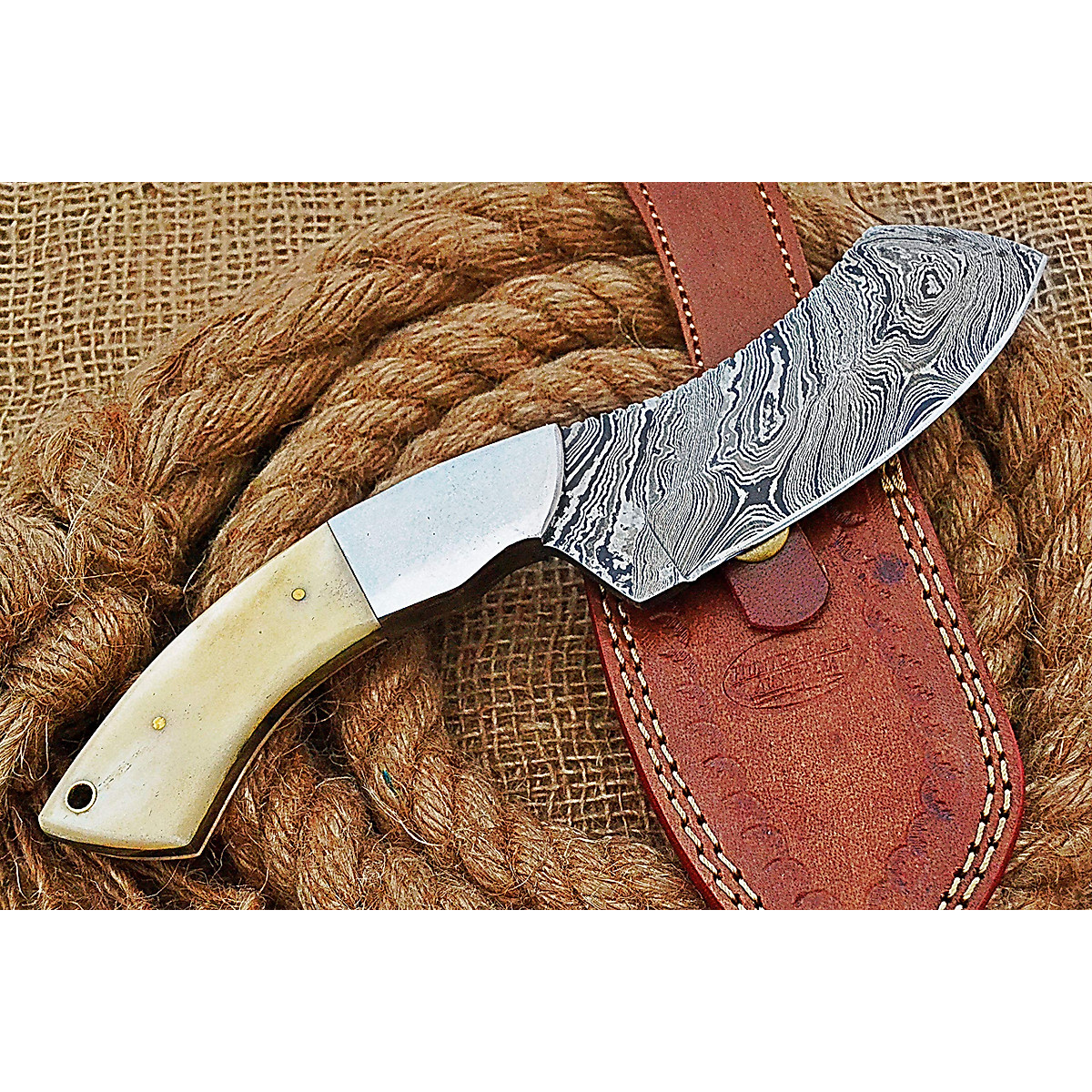 HUNTEX Handmade Hand-Forged Twist Pattern Damascus Steel 9 Inch Long Full Tang Natural Camel Bone Handle Razor Sharp Hunting Camping Cleaver Knife w/Genuine Leather Sheath