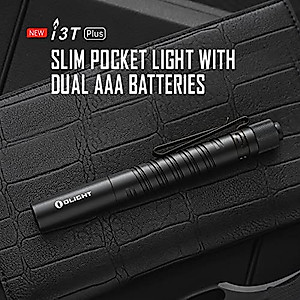 OLIGHT I3T Plus 250 Lumens EDC Pocket Slim Flashlight with 2 AAA Batteries and a PMMA Optic Lens, Tail-switch LED Flashlight with Dual Direction Pocket Clip for Camping, Outdoor, and Emergency (Black)